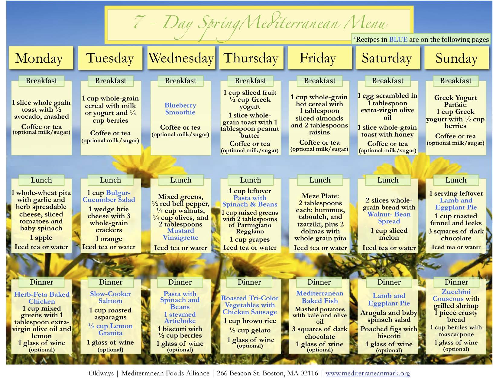 Med Diet 7 Day Menu Spring-Summer - OLDWAYS - Cultural Food Traditions ...